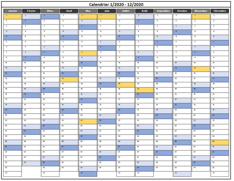 Gratuit 2020 Imprimable Excel Model Calendrier Modifiable {PDF, Mot,Excel}