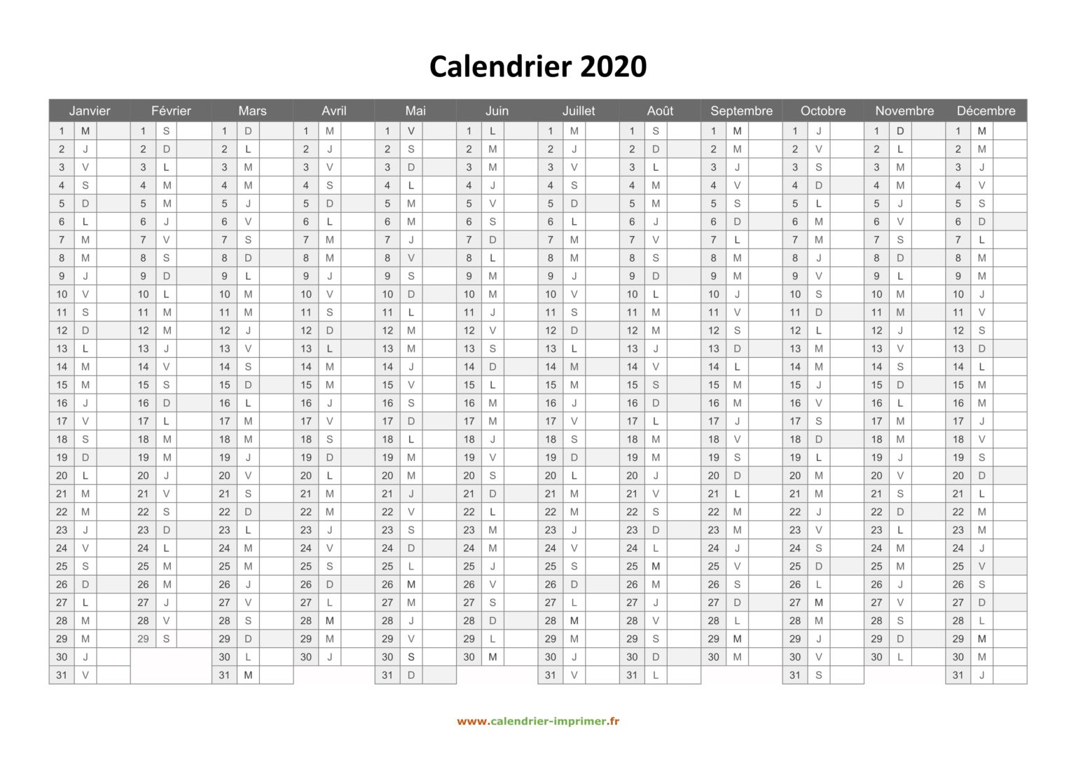 Calendrier 2020 Avec Semaine Imprimables [PDF,Mot,Excel]