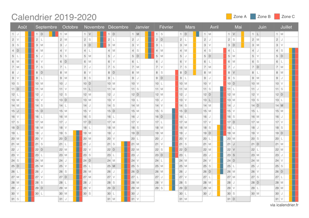 Imprimable Gratuit Jours 2020 Calendrier Vacances [PDF, Excel]