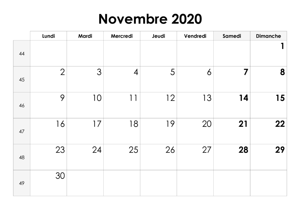 Calendrier Novembre Mensuel 2020 | 2025 Calendrier