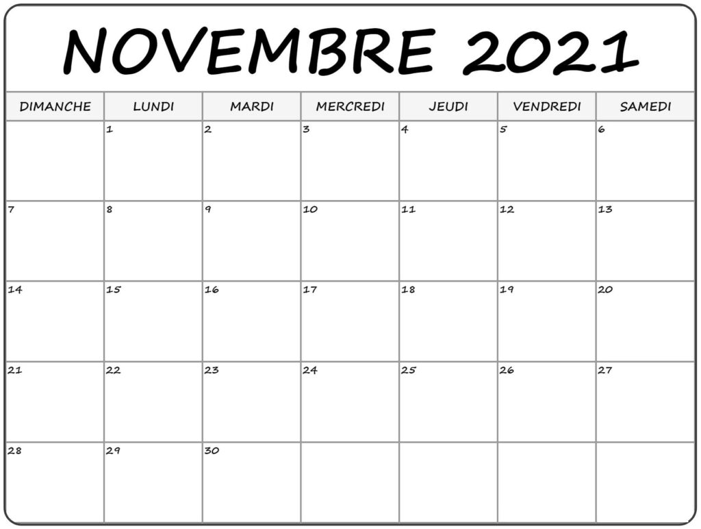Calendrier Mois de Novembre 2021 | 2026 Calendrier