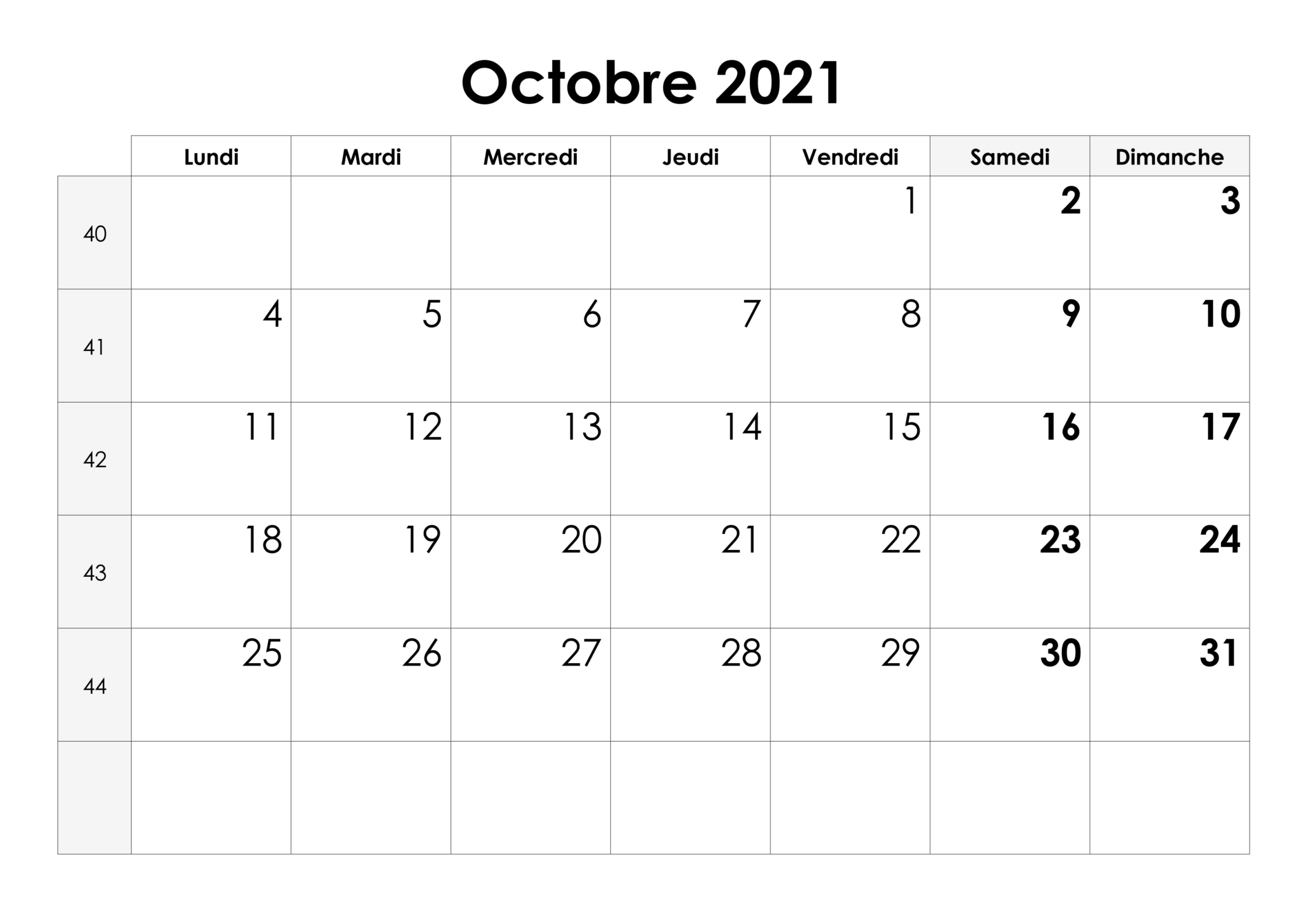 Modèle De Calendrier Imprimable Gratuit De Octobre 2021 (PDF, Mot,Excel ...