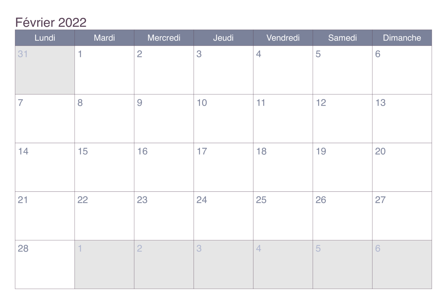 Gratuit Imprimable Février 2022 Calendrier (PDF, Mot,Excel)