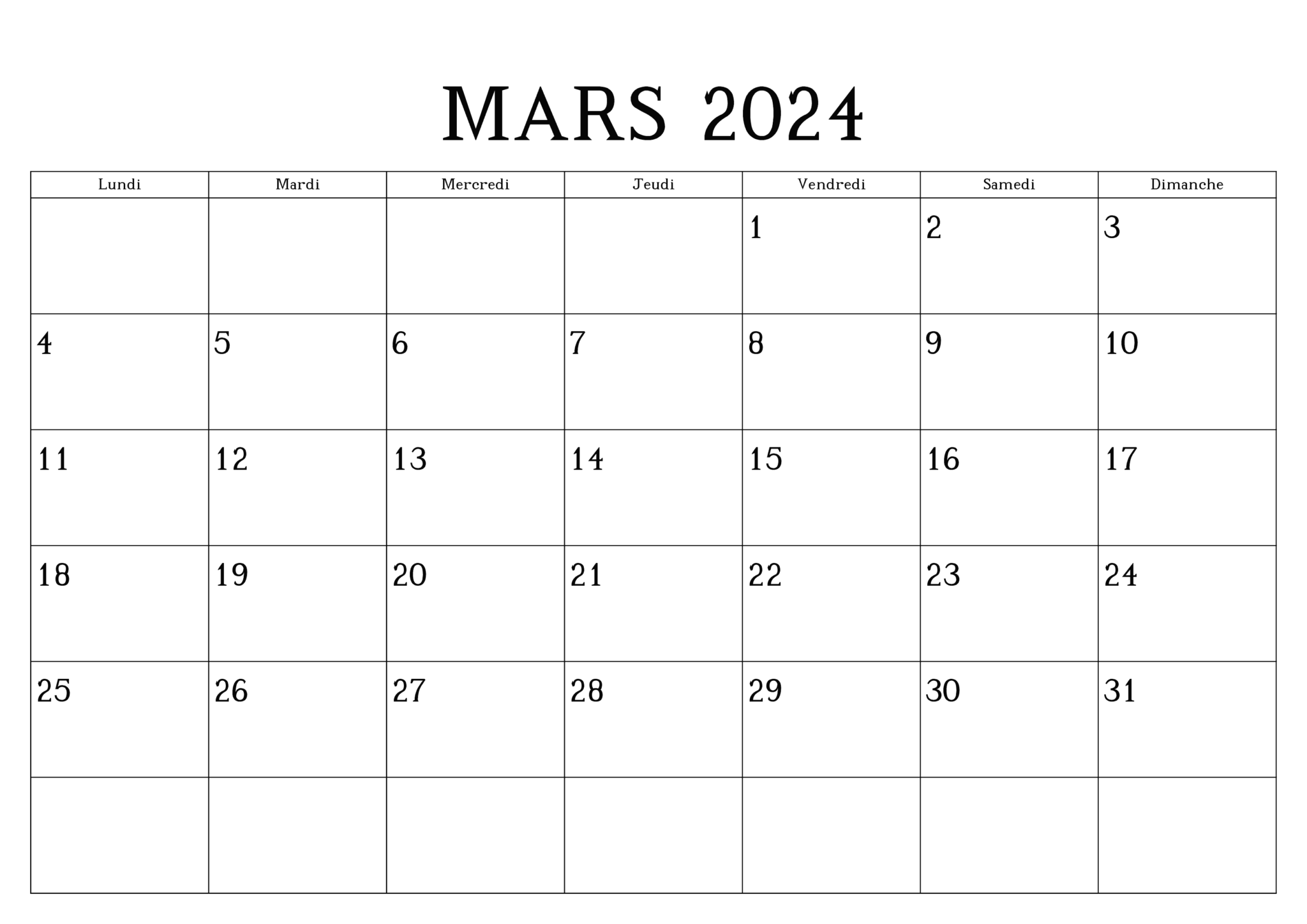 Calendrier 2024 Mars | 2023 Calendrier