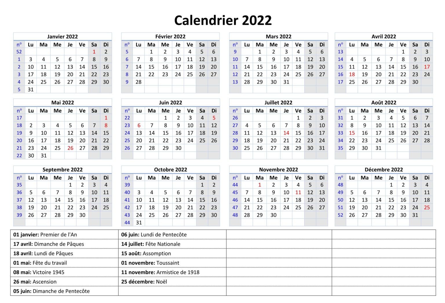 2022 Calendrier Avec Semaine | 2022 Calendrier