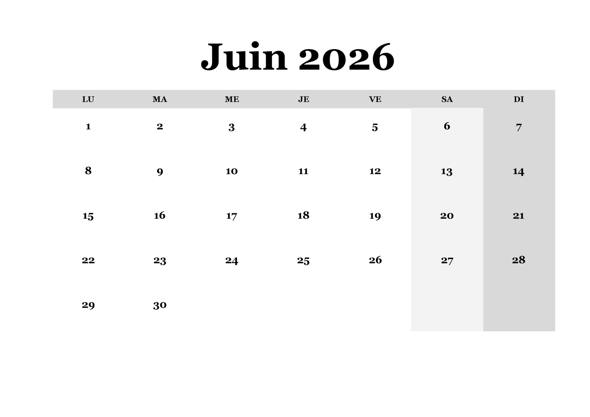Calendrier de Juin 2026 | 2026 Calendrier