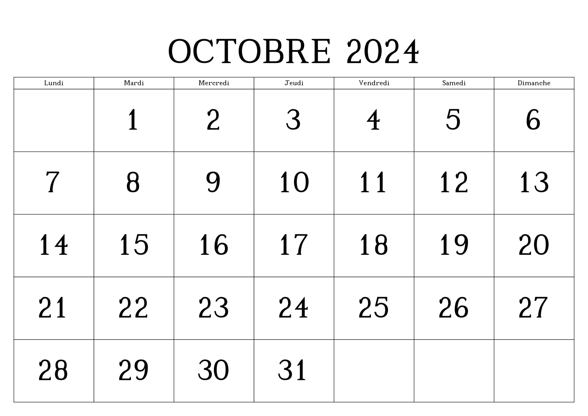 Modèle De Imprimable Gratuit De Octobre 2024 Calendrier