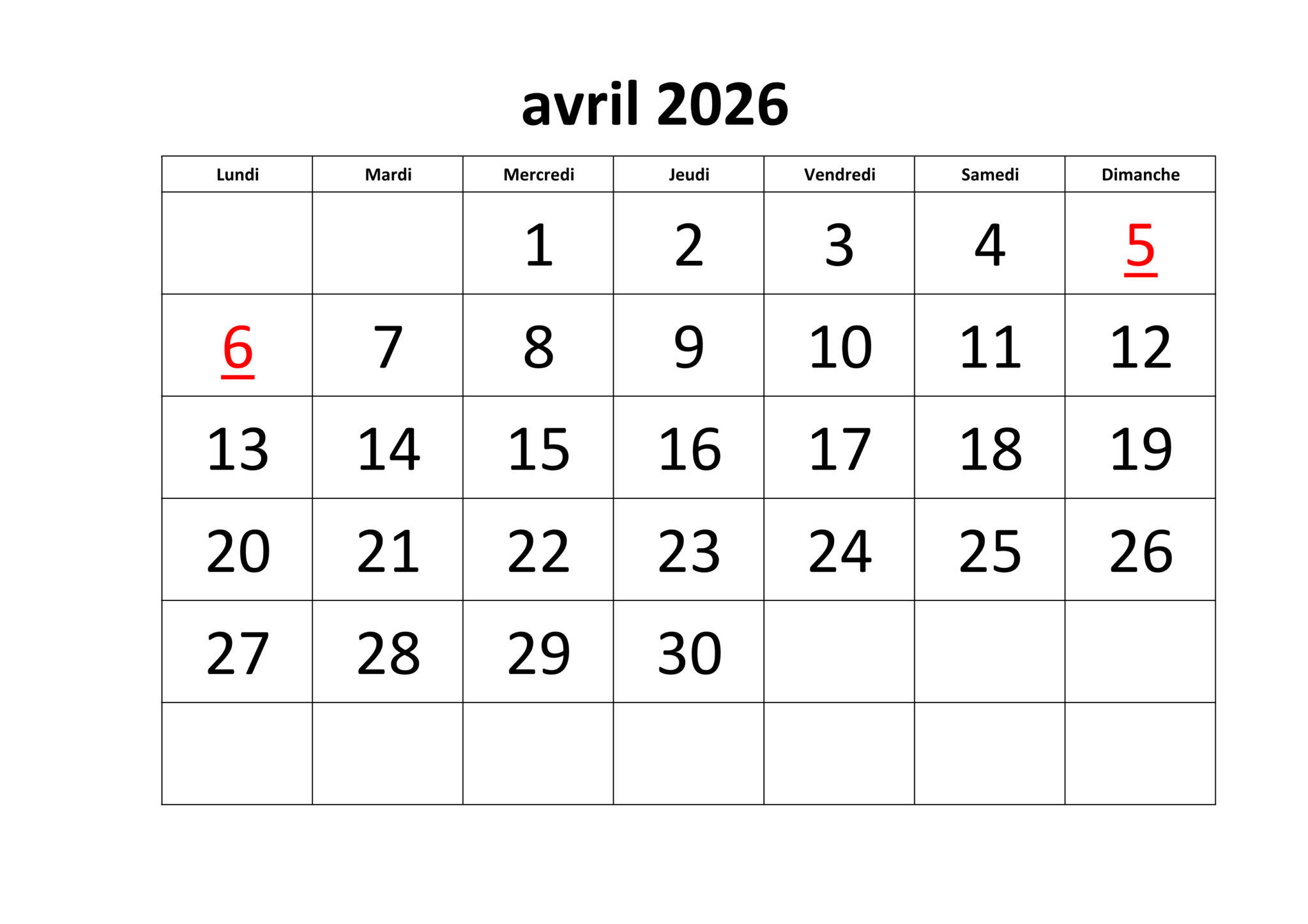 Calendrier Avril 2026 Excel | 2026 Calendrier