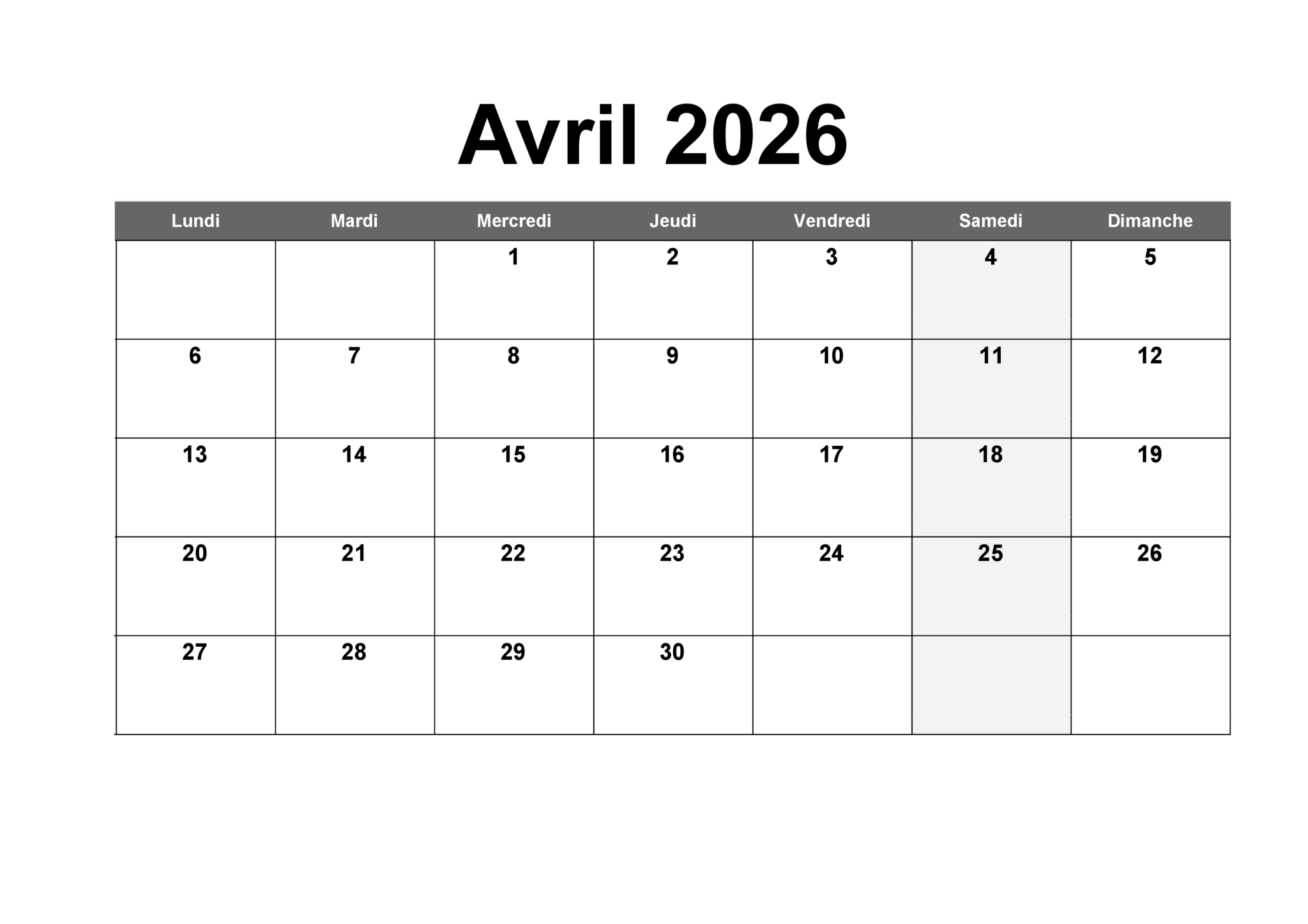 Calendrier Avril 2026 Excel | 2026 Calendrier