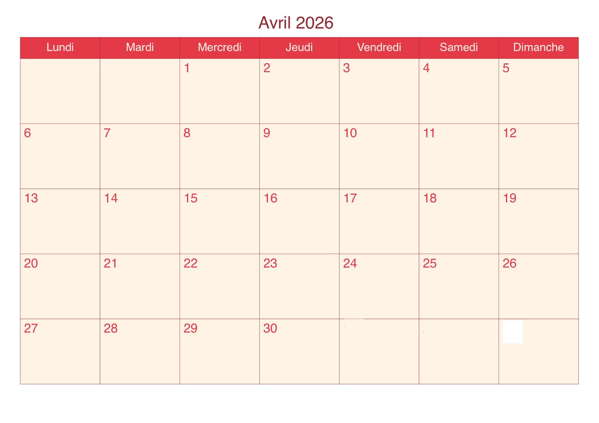 Calendrier Avril 2026 PDF | 2026 Calendrier